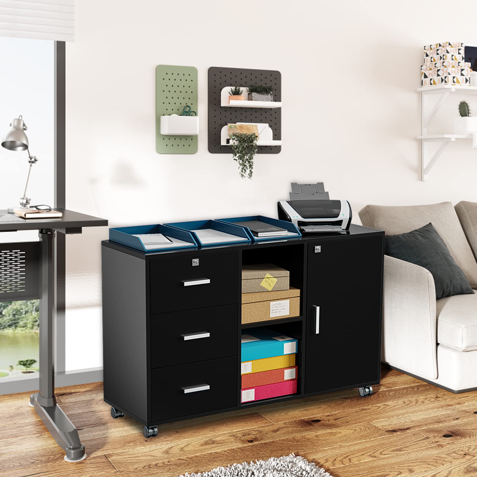 Mobile Lateral Filing Cabinet, Office Lateral File Cabinet with Lock Wood File Cabinet With Lock Office Storage Cabinet Office File Cabinet with Lock Wood Lateral File Cabinet For Home Office(Black)