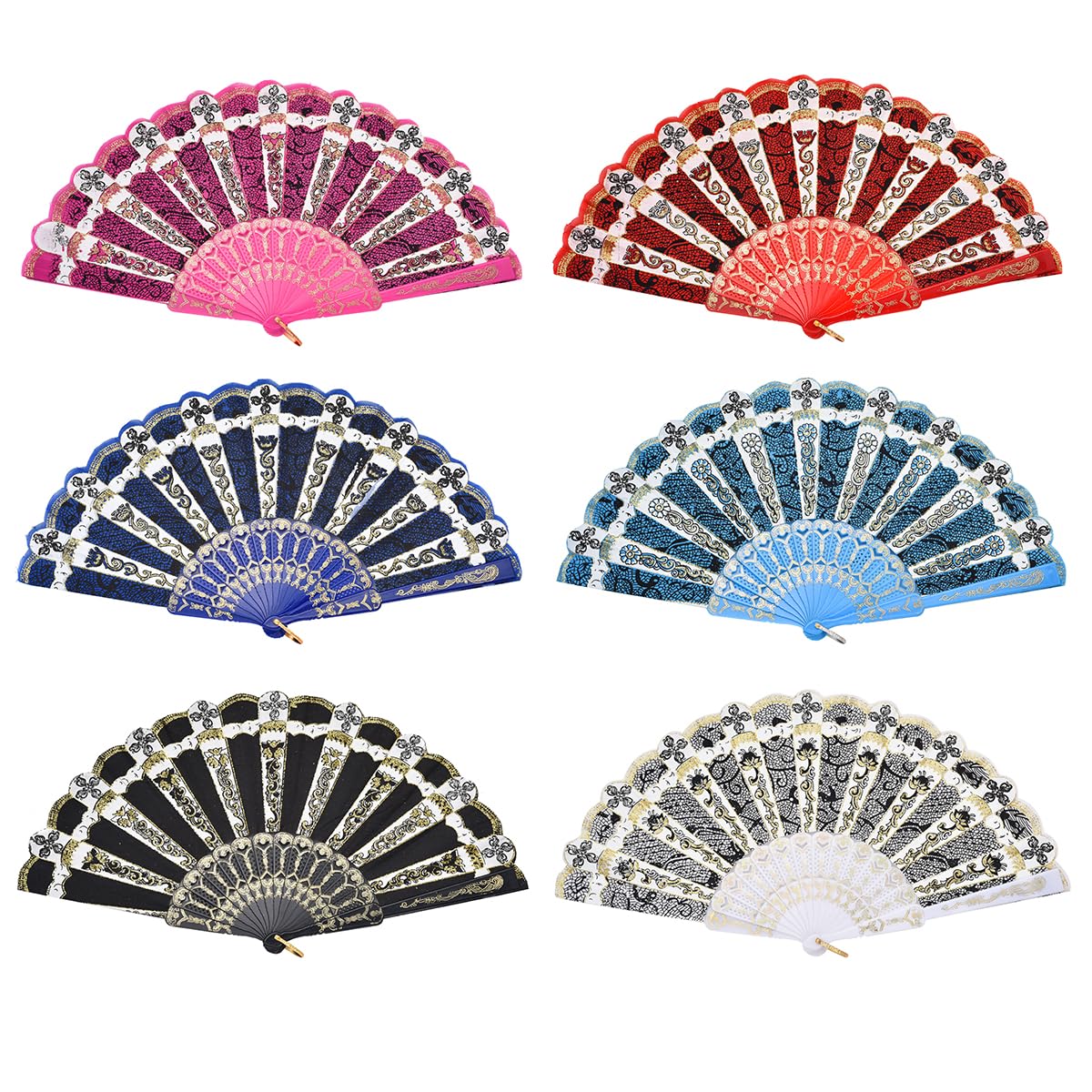 6 Pcs Spanish Women Folding Fan Vintage Floral Dancing Fabric Handheld Fan for Performance,Party,Festival and Gift