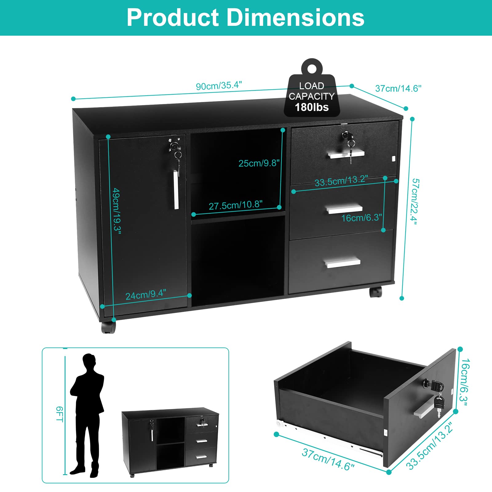 Mobile Lateral Filing Cabinet, Office Lateral File Cabinet with Lock Wood File Cabinet With Lock Office Storage Cabinet Office File Cabinet with Lock Wood Lateral File Cabinet For Home Office(Black)