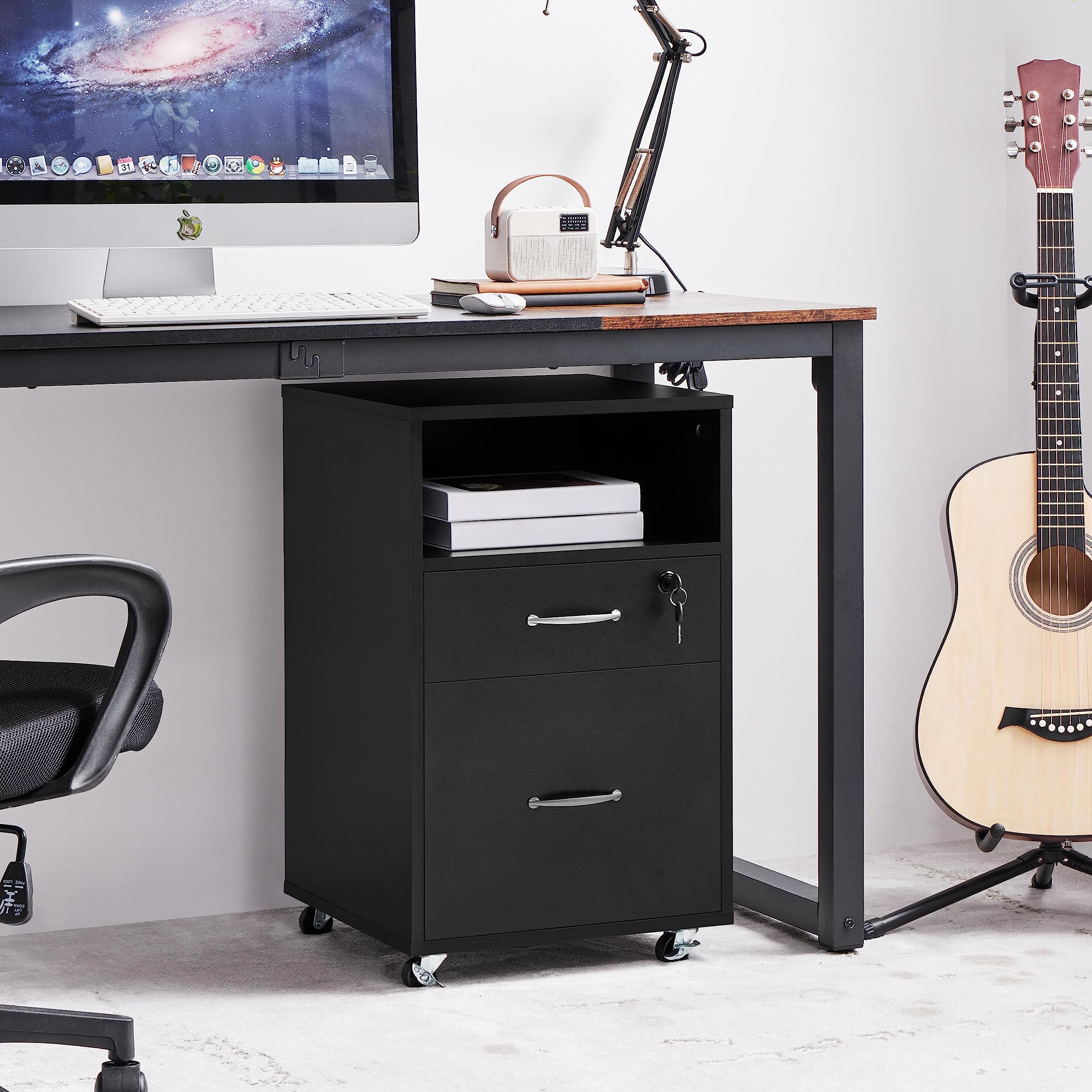Yaheetech File Cabinet, Under Desk Vertical Cabinet with 2 Drawers and Open Compartment, Printer Stand with Lockable Wheels for A4 Letter Size Hangable File Folders for Home Office(Black)