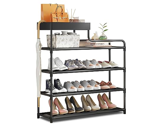 GNQJDC 4-Tier Shoe Rack Metal Shoe Organizer with 4 Fabric Shelves and Top Storage Basket Sturdy Durable Shoe Shelf for Closet Entryway Balcony Bedroom