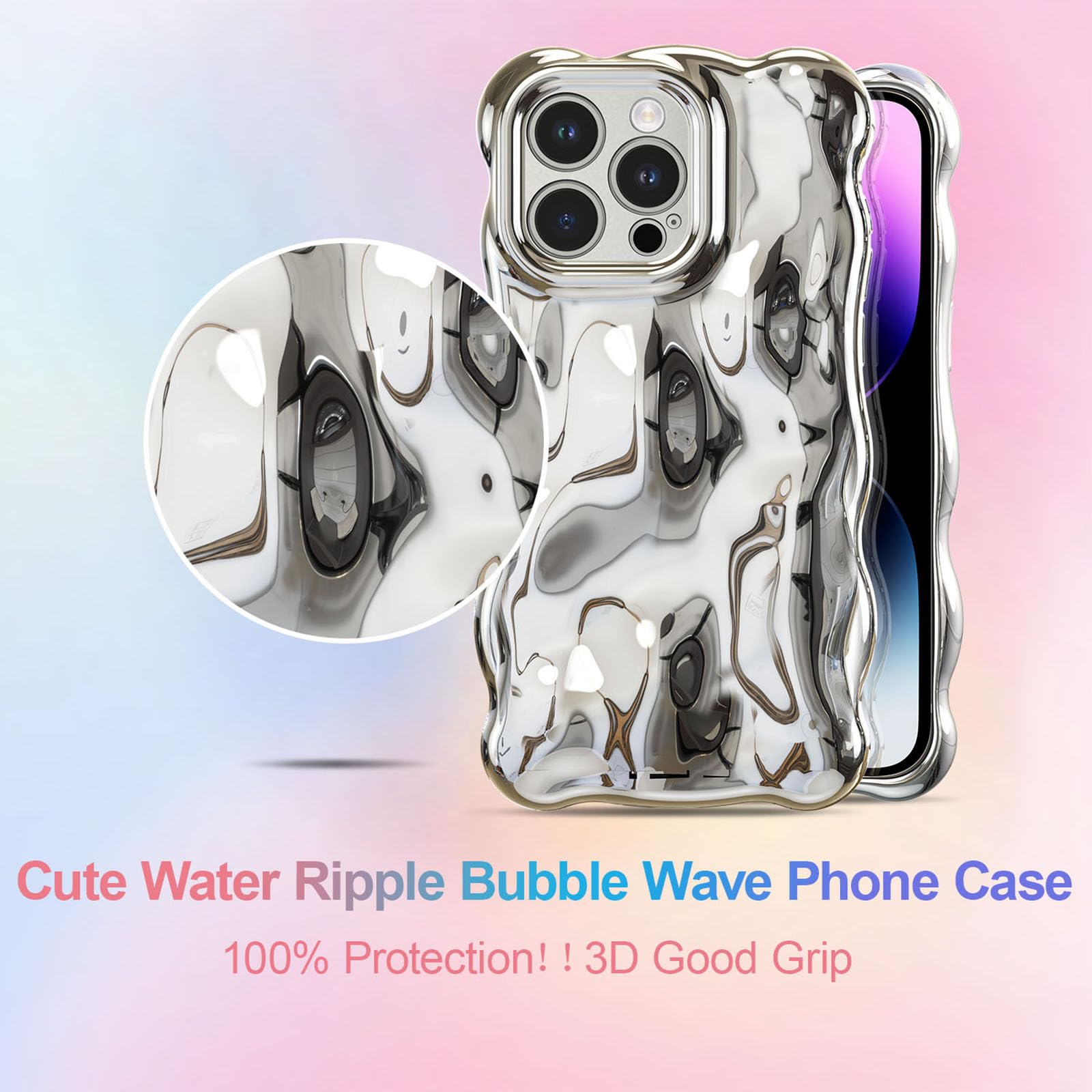UEEBAI Ripple Case for iPhone 13 Pro Max, Cute Silver Cover Wave Shape for iPhone Case Pretty Aesthetic 3D Phone Cover, Water Ripple Shell 3D Chrome Design for Women and Girl, Silver