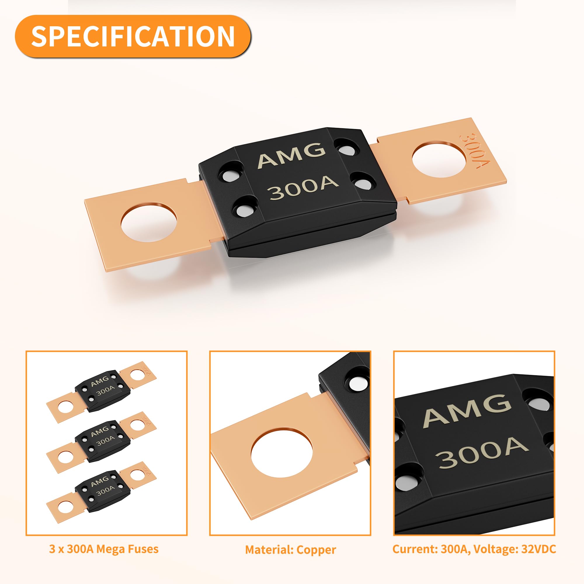 Joinfworld 300A MEGA Fuse, High Current Bolt Mount Automotive 300 Amp MEGA/AMG Fuse for Cars, Trucks, Construction Vehicles, Buses, Boats - 3Pcs