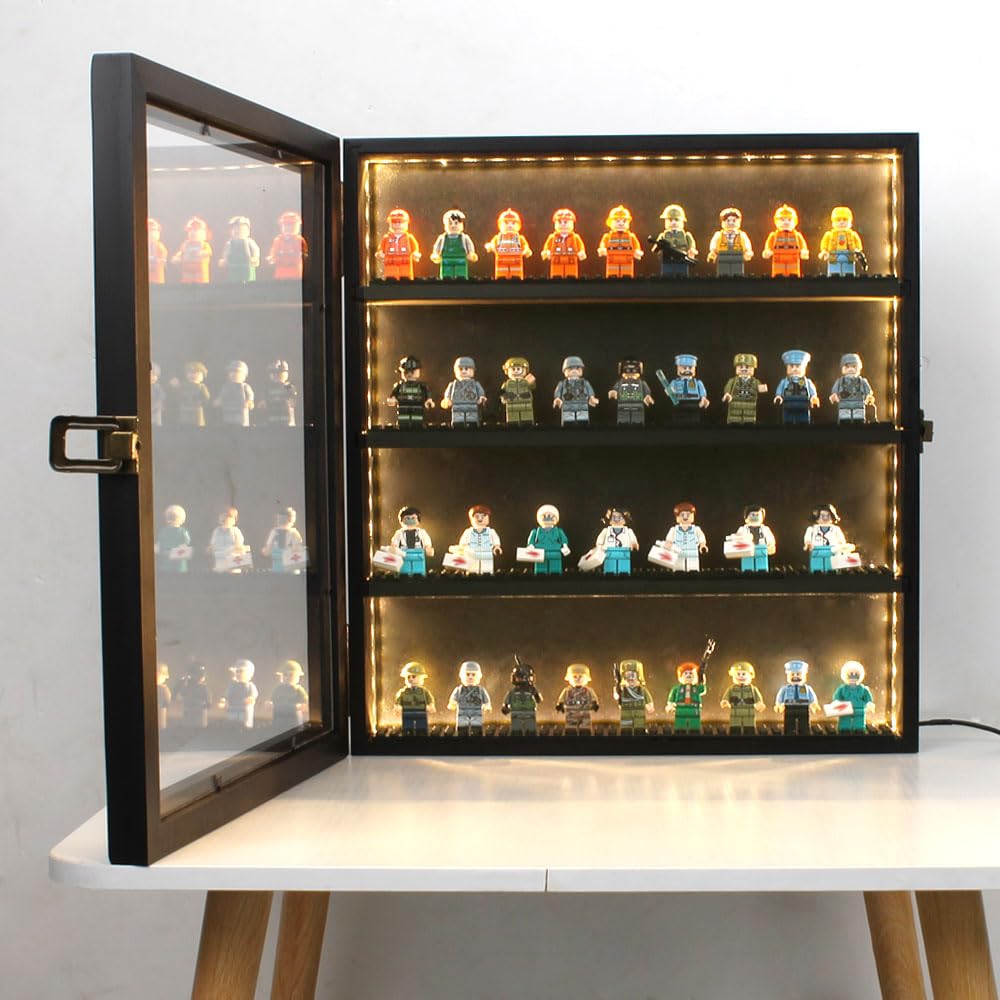 LIZIPAI Display Case for Figures,,Display Case with Shelves ,Minifigure Display Case Comes with Small Pellet Base Plate,Colour Changing Lights,Lockable Removable Shelves Black