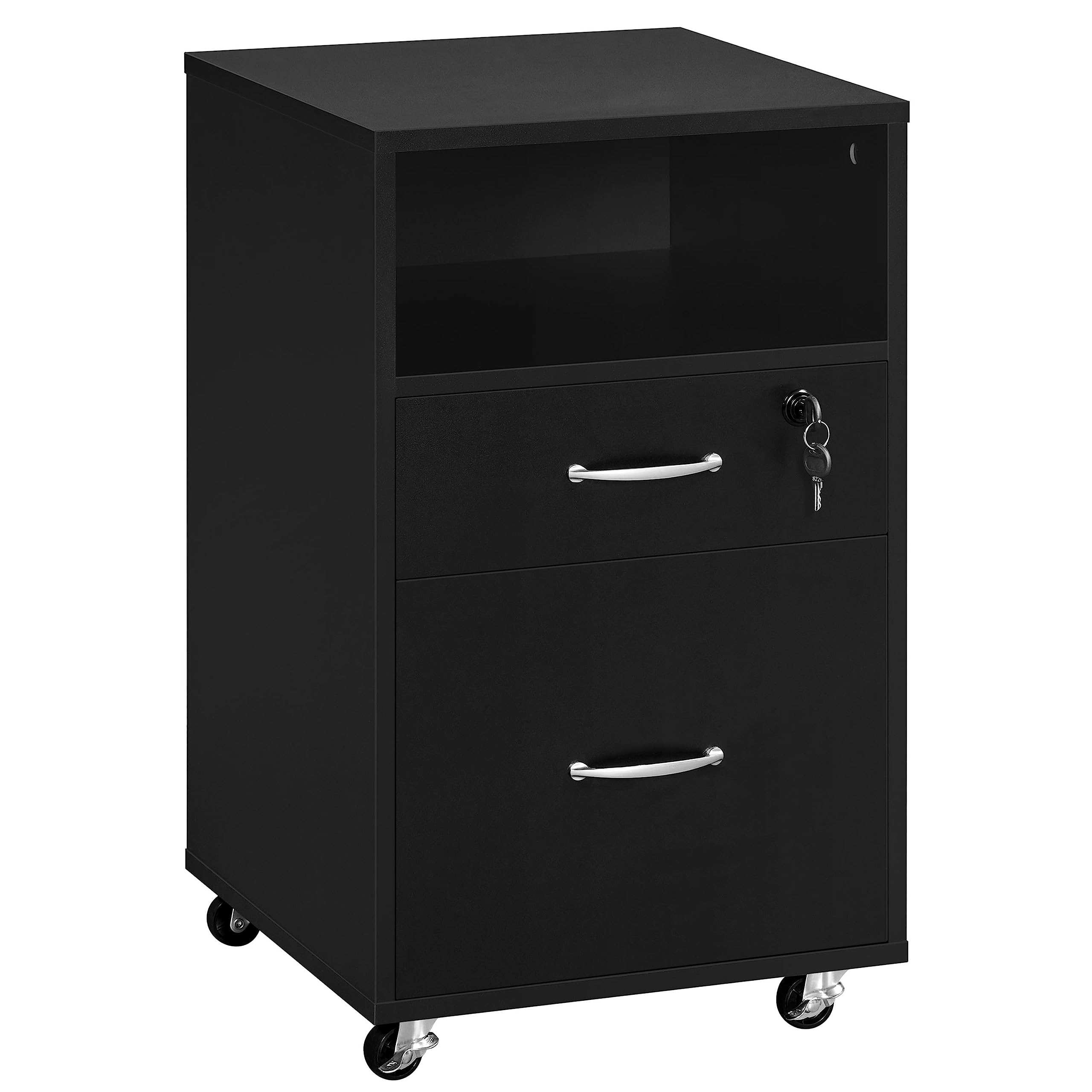 Yaheetech File Cabinet, Under Desk Vertical Cabinet with 2 Drawers and Open Compartment, Printer Stand with Lockable Wheels for A4 Letter Size Hangable File Folders for Home Office(Black)