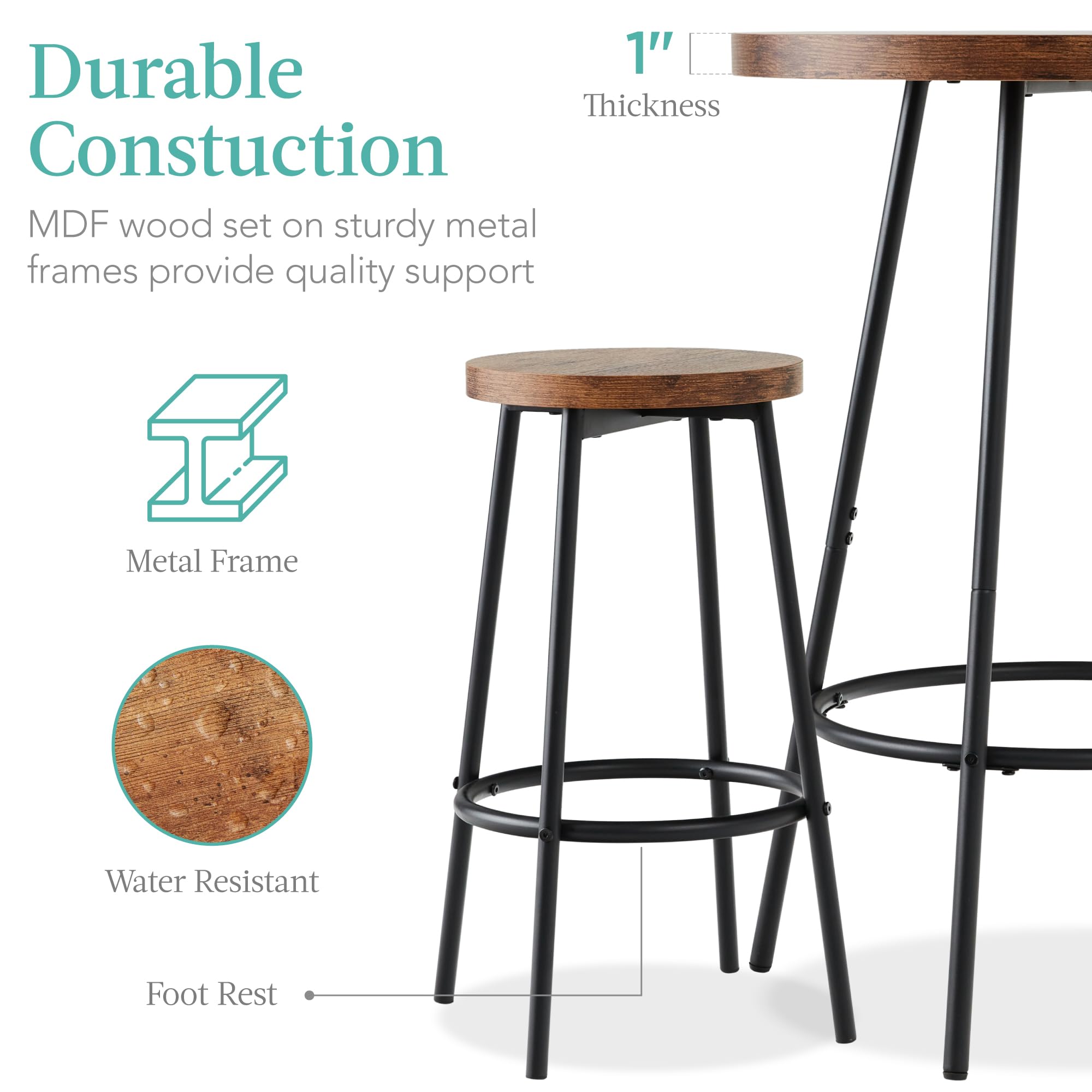 Best Choice Products Bistro Dining Set 3 Piece, Modern Round Counter Height Pub Table, Compact High Top with Bar Stools Pub Dining Set for Kitchen, Breakfast Room - Medium Brown