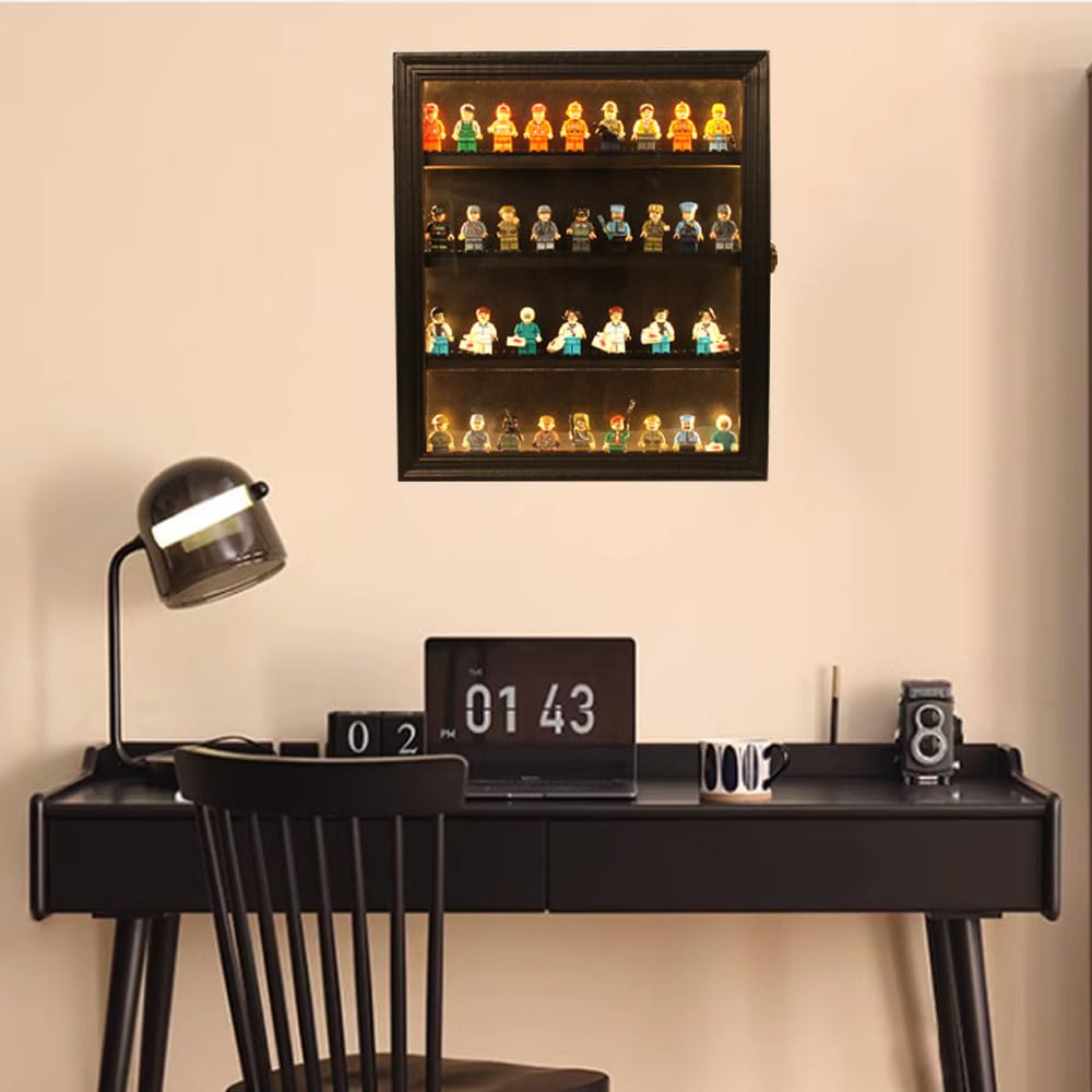 LIZIPAI Display Case for Figures,,Display Case with Shelves ,Minifigure Display Case Comes with Small Pellet Base Plate,Colour Changing Lights,Lockable Removable Shelves Black