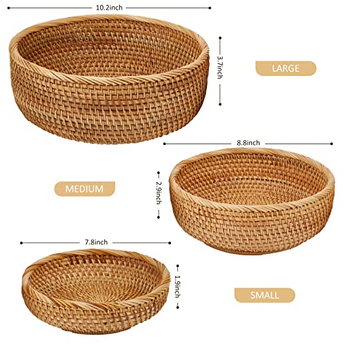 Natural Rattan Round Fruit Basket Bowls, Hand Woven Decor Serving Baskets, Wicker Storage for Dinning Room (Round Large)