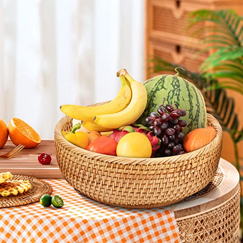 Natural Rattan Round Fruit Basket Bowls, Hand Woven Decor Serving Baskets, Wicker Storage for Dinning Room (Round Large)