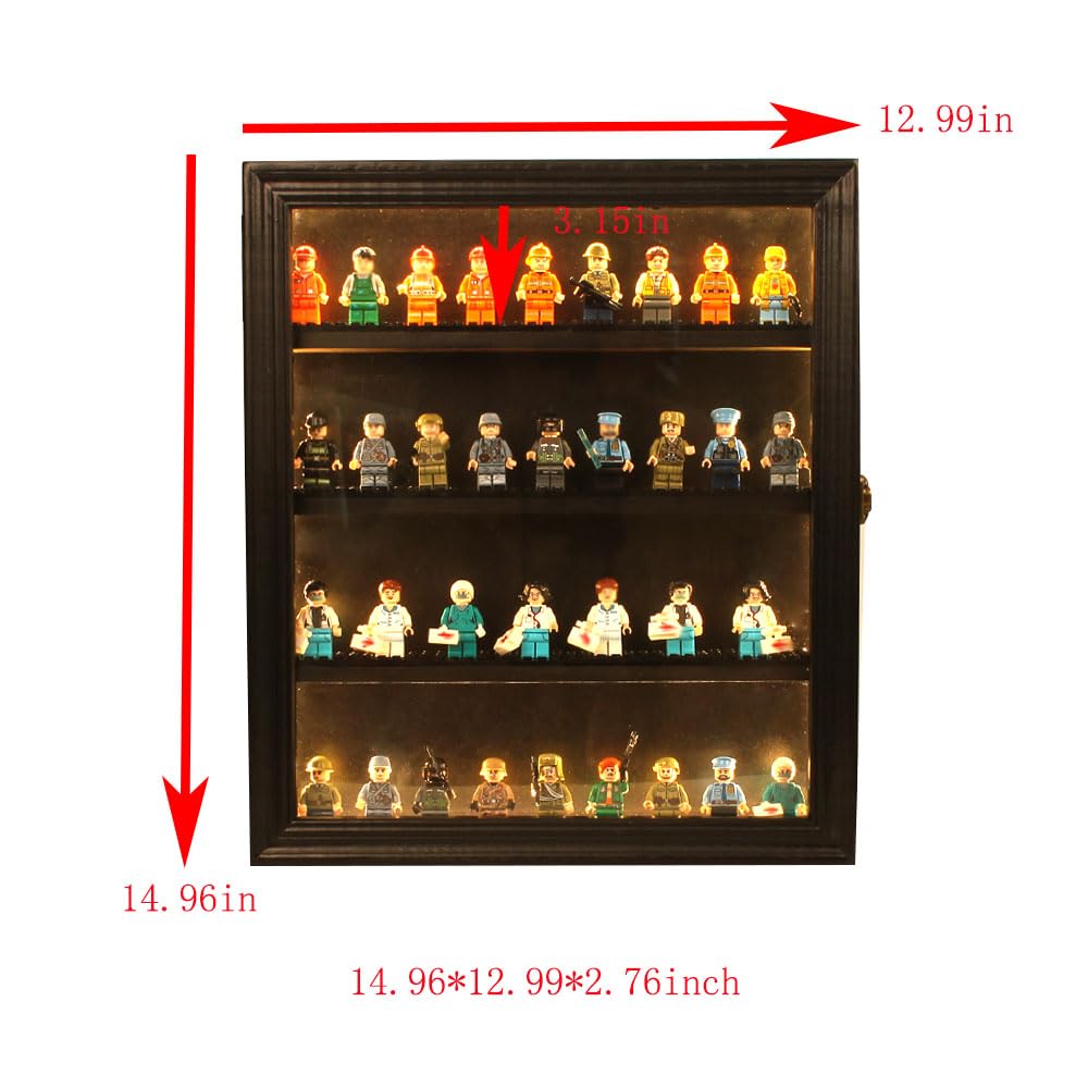 LIZIPAI Display Case for Figures,,Display Case with Shelves ,Minifigure Display Case Comes with Small Pellet Base Plate,Colour Changing Lights,Lockable Removable Shelves Black