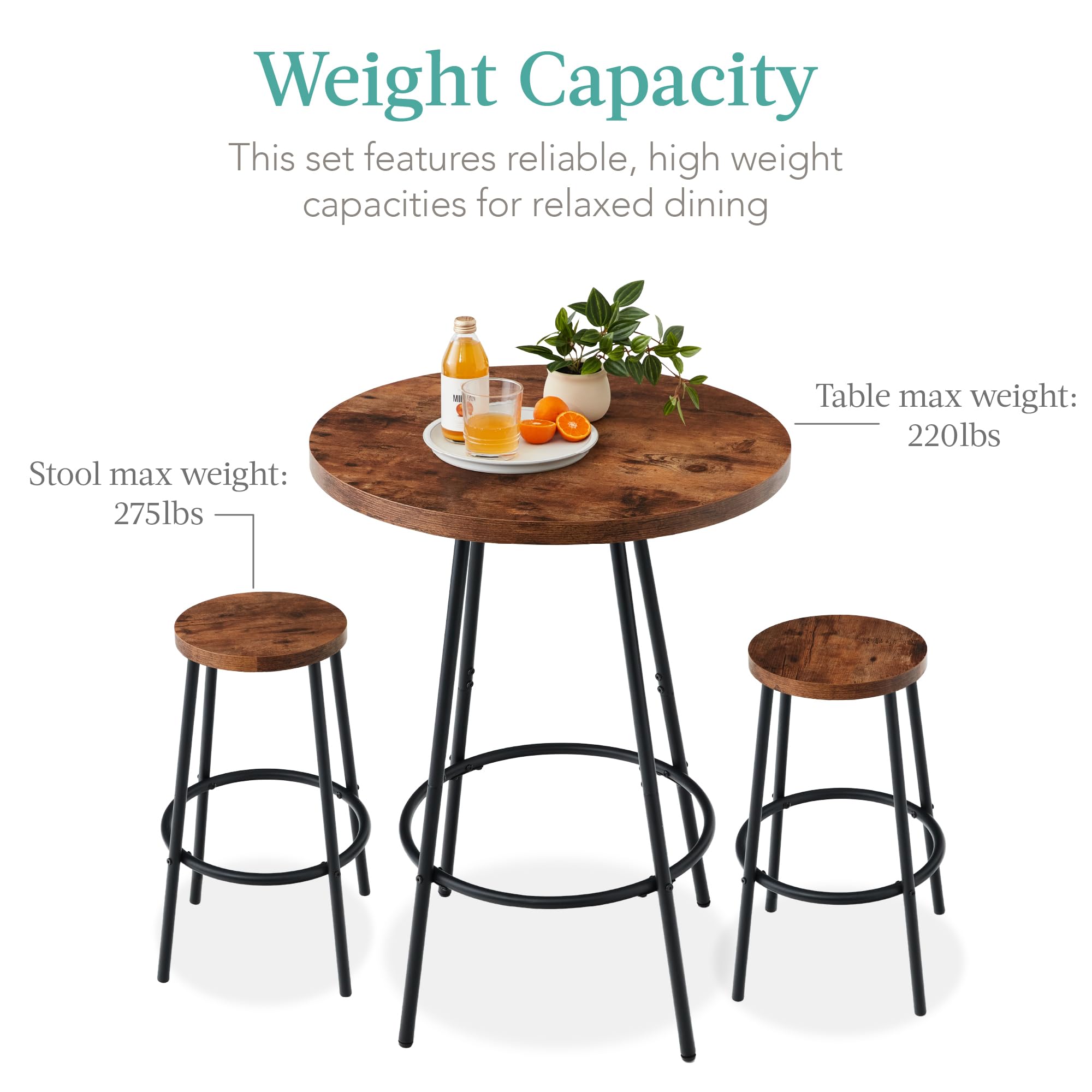 Best Choice Products Bistro Dining Set 3 Piece, Modern Round Counter Height Pub Table, Compact High Top with Bar Stools Pub Dining Set for Kitchen, Breakfast Room - Medium Brown