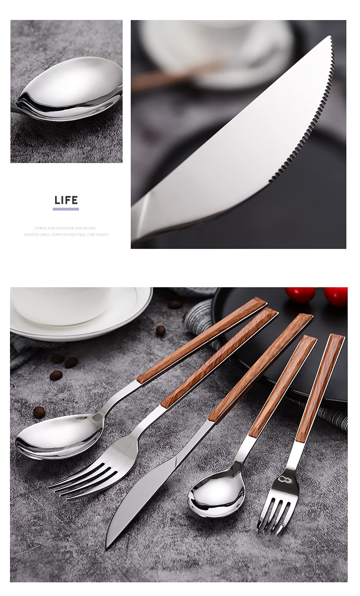 Wooden Silverware Flatware Set for 16,Modern 80 Pieces Stainless Steel Square Flatware Set, Mirror Polished Tableware Cutlery Set for Kitchen Wedding Restaurant Utensils Set with Faux Wooden Handle