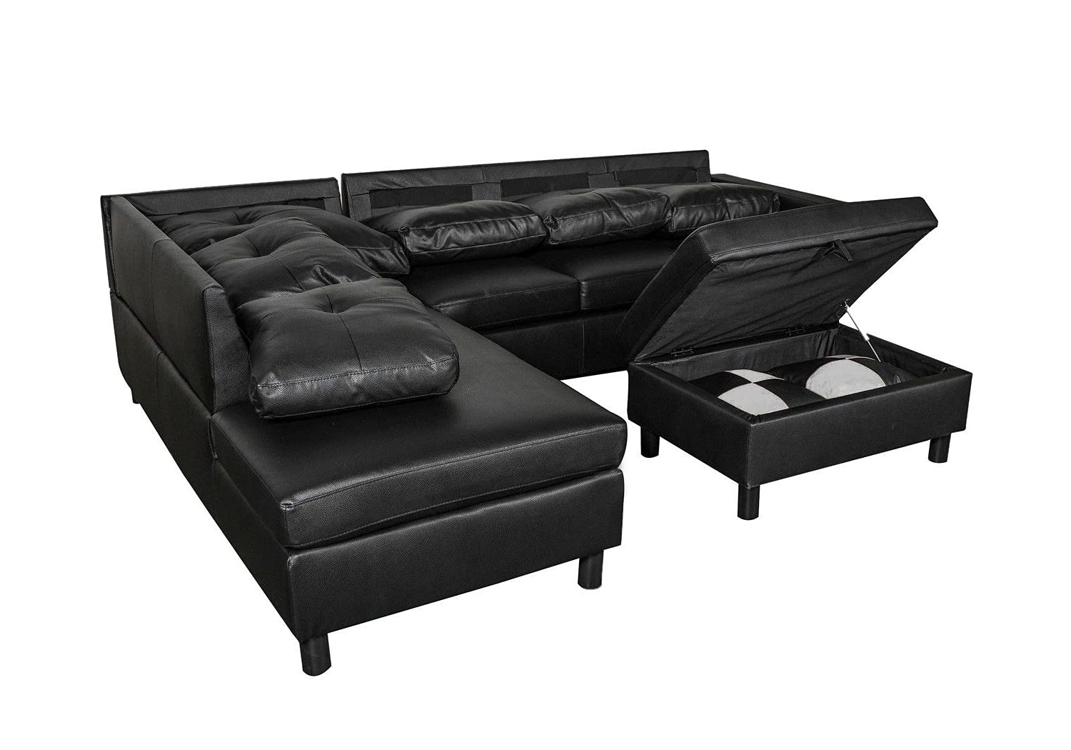 OPTOUGH Black Faux Leather Sectional Sofa L-Shape Couch with Left Chaise Storage Ottoman & 2 Pillows for Living Room Furniture Sets