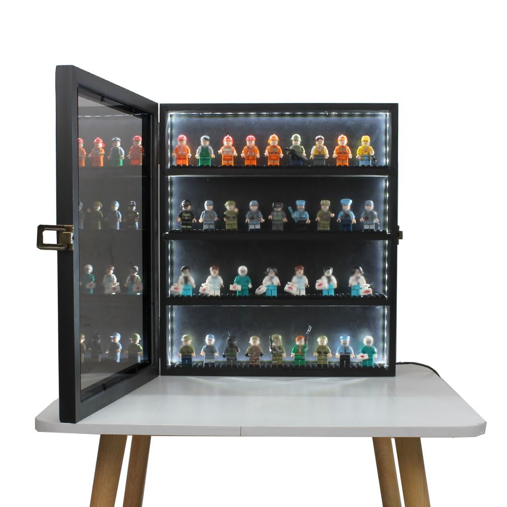 LIZIPAI Display Case for Figures,,Display Case with Shelves ,Minifigure Display Case Comes with Small Pellet Base Plate,Colour Changing Lights,Lockable Removable Shelves Black