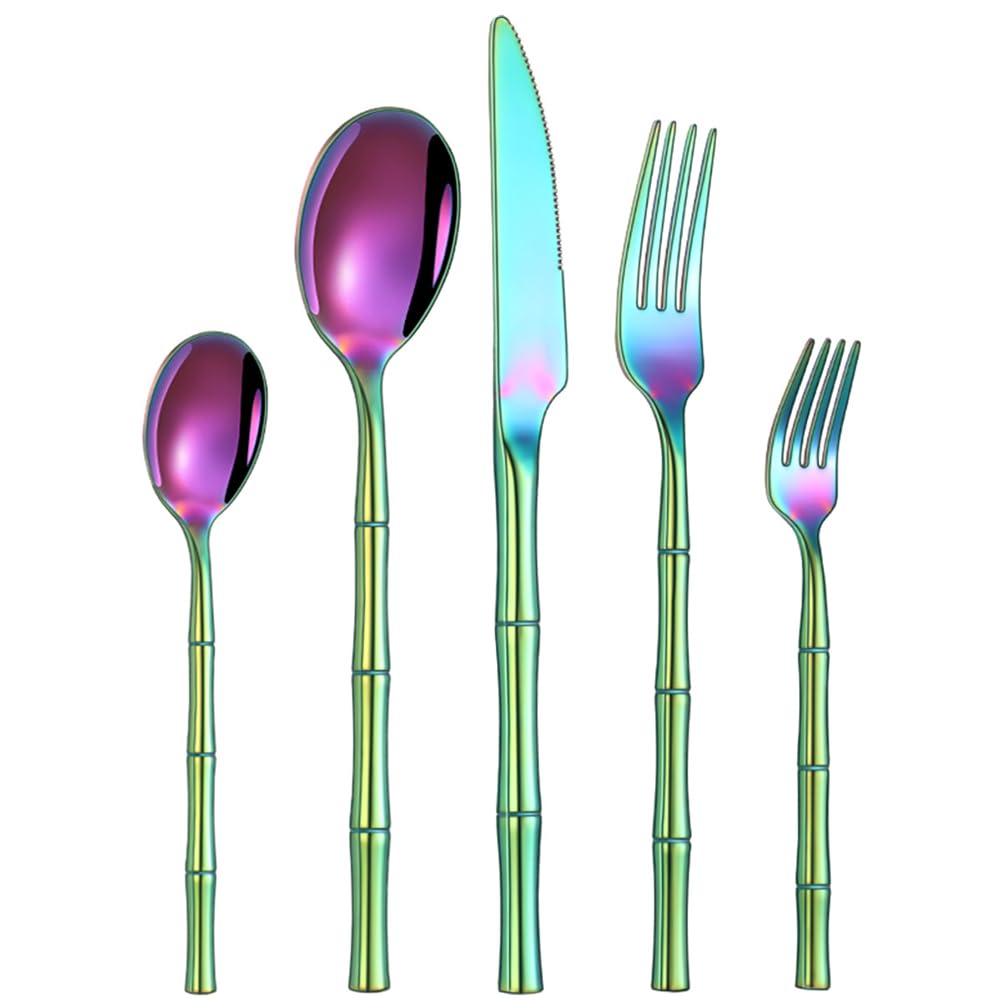 30 Piece Bamboo Shaped Flatware Set Service for 6, 18/10 Stainless Steel Rainbow Bamboo Handle Silverware Cutlery Set For Home Kitchen Hotel Utensils, Mirror Polished, Dishwasher Safe