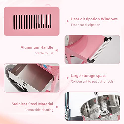 Commercial Cotton Candy Machine with Cart, Electric Floss Maker for Home, Birthday, School Function, or Social Events-Pink