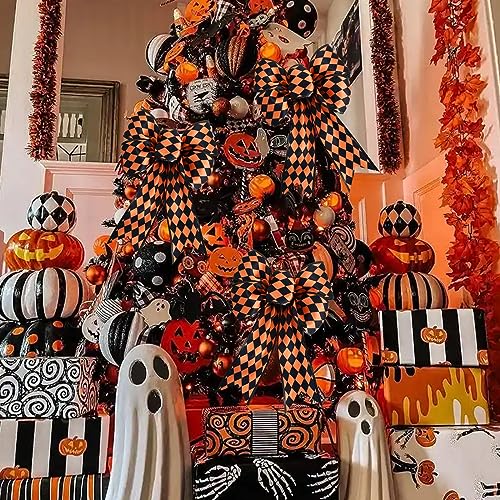 TONIFUL 2.5 Inch Orange Black Diamond Plaid Satin Ribbon Wired Edge Ribbon Thanksgiving Fall Halloween Christmas Wired Ribbon for Crafts Gift Tree Topper Wreath Bows Outdoor Indoor Decorations 6yds