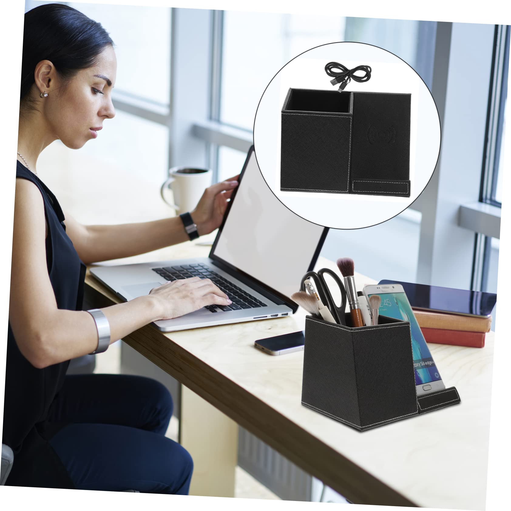 Tofficu Pen Holder Desk Pen Holder Desktop Charging Station Fast Charger Nightstand Charging Nightstand Cell Phone Holder Pen Stand Organizer Iphone8 Pu