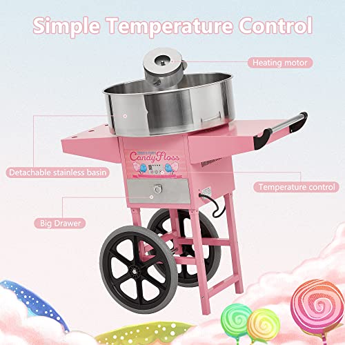 Commercial Cotton Candy Machine with Cart, Electric Floss Maker for Home, Birthday, School Function, or Social Events-Pink