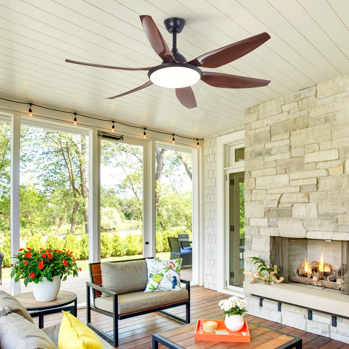 GDLT Farmhouse Ceiling Fan Chandelier, 56" Rustic Brown Ceiling Fan Light with Reversible Motor, with Remote Vintage 6 Blades Ceiling Fan Chandelier for Patio, Living Room, Dining Room