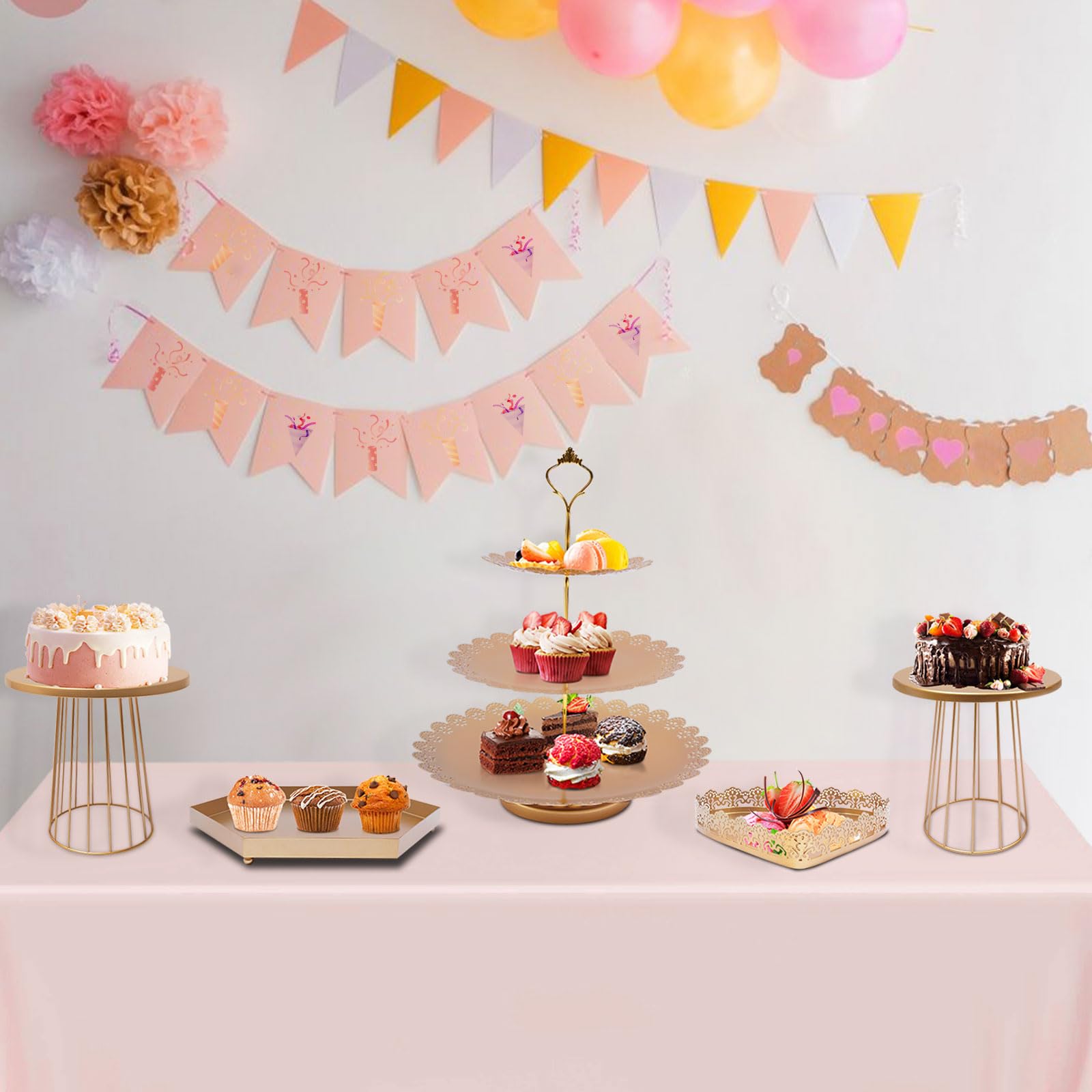 Gold Cake Stands Set Cake Pedestal Display Table Tiered Cupcake Holder Metal Round&Geometric Dessert Holder Set Candy Pastry Plate Decorating for Anniversary Wedding Birthday Party