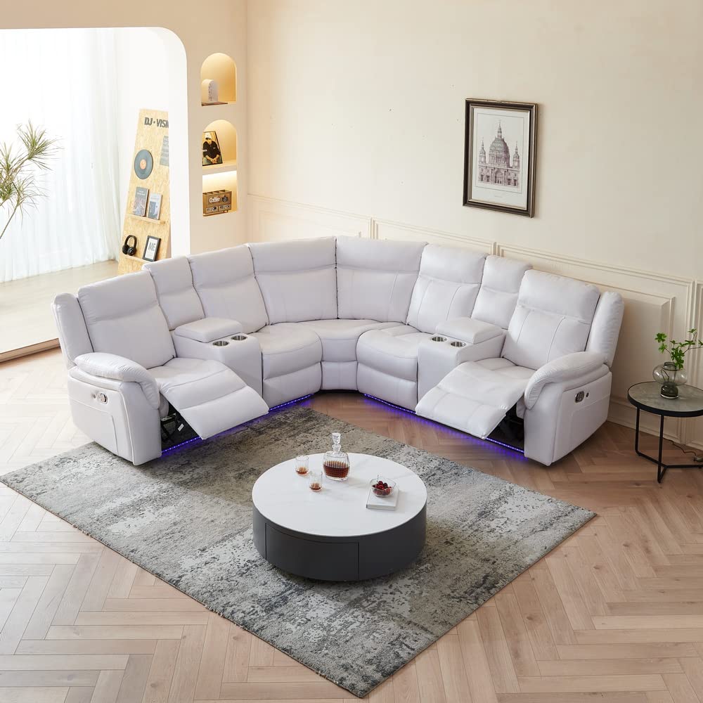 Eafurn 106.3" Manual Reclining Sectional Set w/ 2 Center Consoles,Faux Leather Upholstered Motion 4 Cup Holders and LED Light Strips,Symmetrical Corner Sofa & Couches, Home Theater Lounge Seat, White