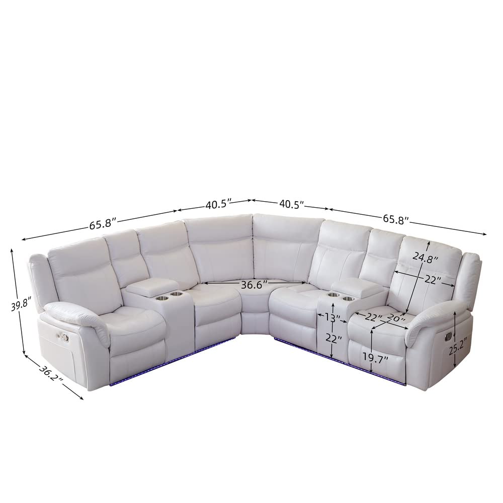 Eafurn 106.3" Manual Reclining Sectional Set w/ 2 Center Consoles,Faux Leather Upholstered Motion 4 Cup Holders and LED Light Strips,Symmetrical Corner Sofa & Couches, Home Theater Lounge Seat, White