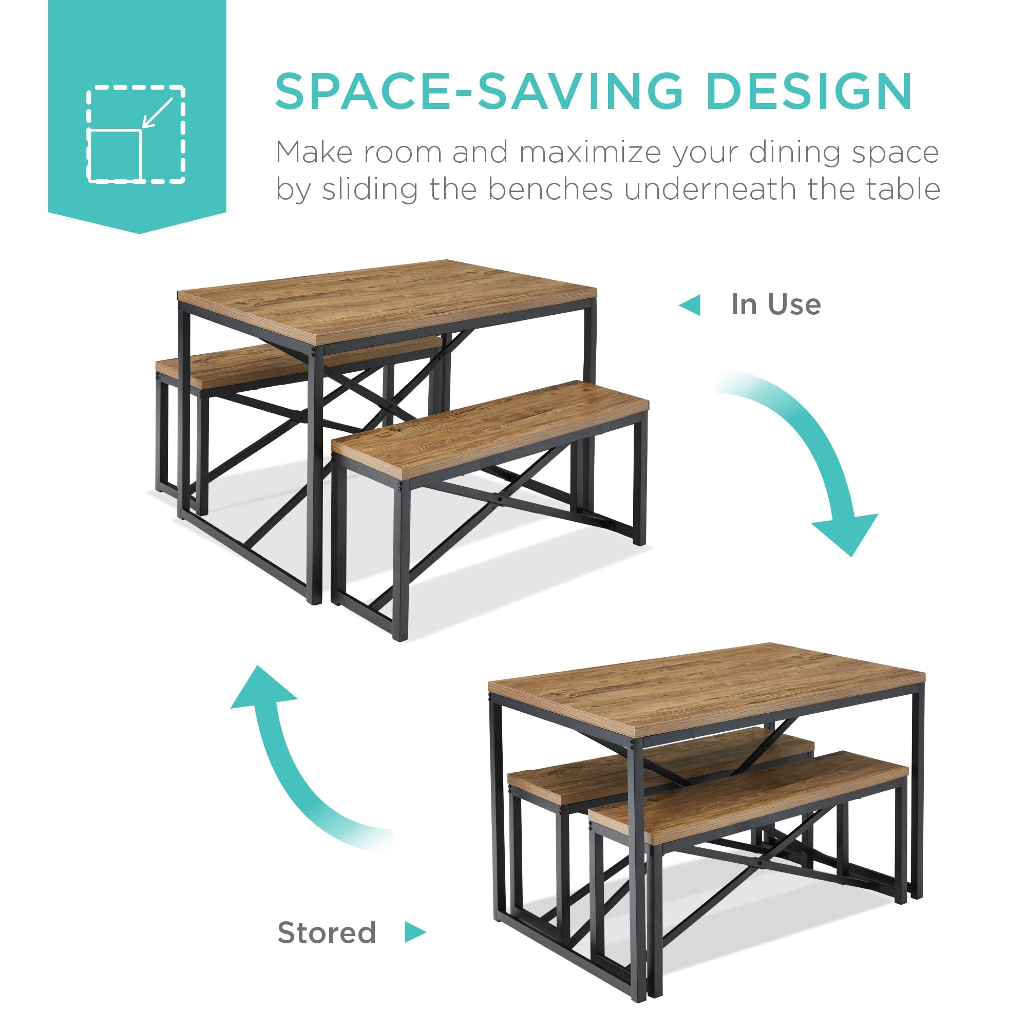 Best Choice Products 45.5in 3-Piece Bench Style Dining Furniture Set, 4-Person Space-Saving Dinette for Kitchen, Dining Room w/ 2 Benches, Table - Light Brown/Black