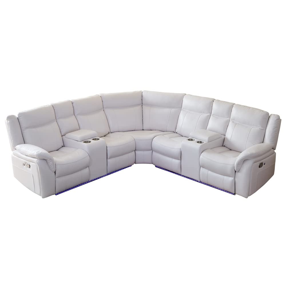Eafurn 106.3" Manual Reclining Sectional Set w/ 2 Center Consoles,Faux Leather Upholstered Motion 4 Cup Holders and LED Light Strips,Symmetrical Corner Sofa & Couches, Home Theater Lounge Seat, White
