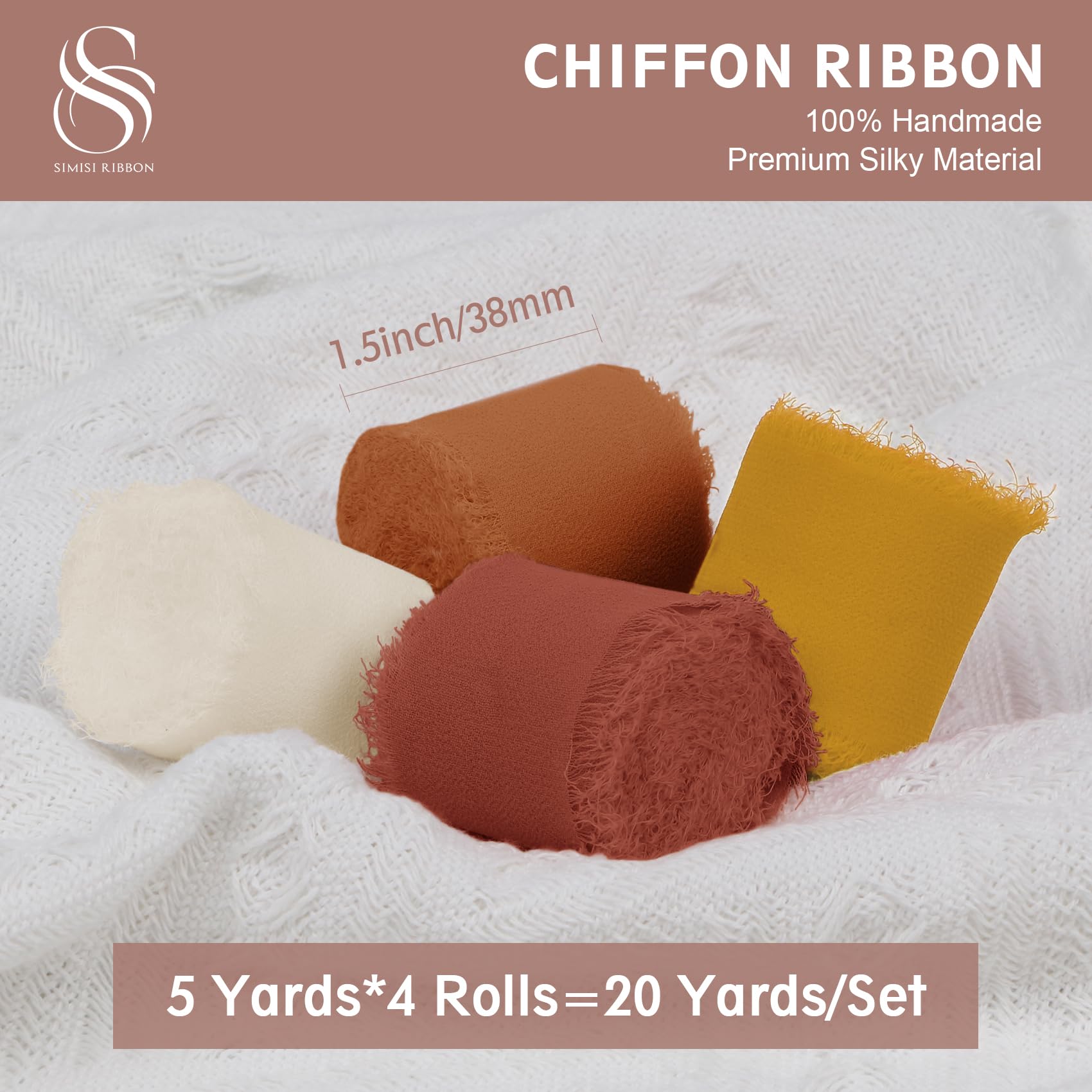 Fall Orange Chiffon Ribbon Handmade Frayed Fringe Sheer Boho Silk Ribbons for Gift Wrapping, Floral, Wedding Invitations, Bouquet, 1-1/2'' 5 Yards*4 Rolls