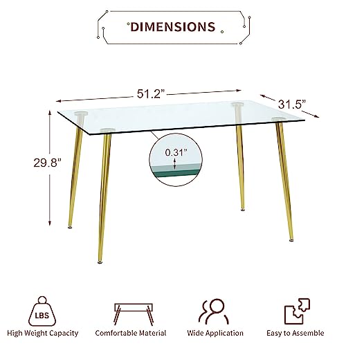 Glass Dining Table for 4 with 51 inch Clear Tempered Glass Top, 0.31" Modern Rectangular Glass Kitchen Table Furniture with 4 Golden Plating Metal Legs for Home Kitchen Room