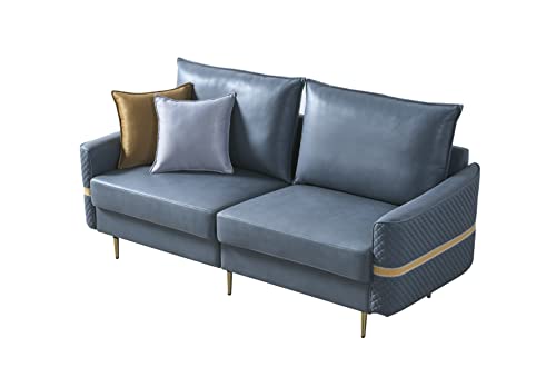 WAQINBR Modern Loveseat Sofa Couch for Bedroom, 2 Seater Small Sofa with 2 Pillows and High-Density Memory Foam, Comfy Faux Leather Couch for Small Spaces, Living Room, Office（Blue）