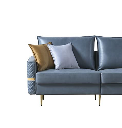 WAQINBR Modern Loveseat Sofa Couch for Bedroom, 2 Seater Small Sofa with 2 Pillows and High-Density Memory Foam, Comfy Faux Leather Couch for Small Spaces, Living Room, Office（Blue）