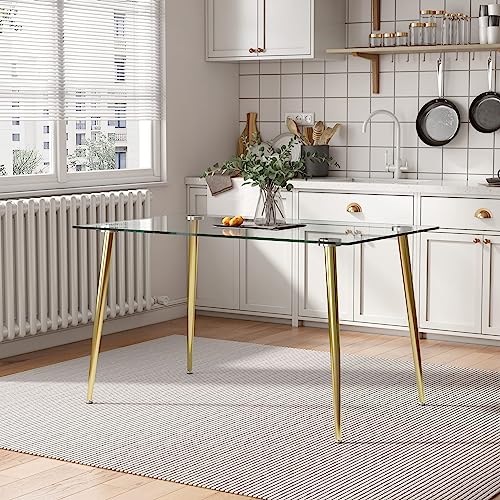 Glass Dining Table for 4 with 51 inch Clear Tempered Glass Top, 0.31" Modern Rectangular Glass Kitchen Table Furniture with 4 Golden Plating Metal Legs for Home Kitchen Room