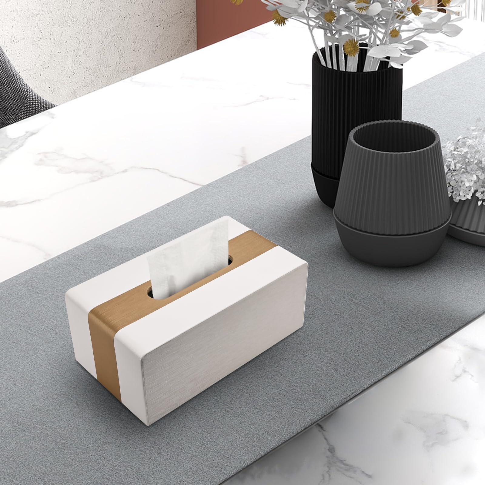 Tissue Box Cover, New PU Leather Kleenex Box Covers Rectangular Tissue Holder for Home/Office/Car Decoration 9.84"X5.59"X4.13" - Light Luxury Peach&White