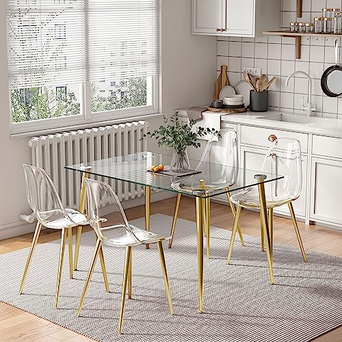 Glass Dining Table for 4 with 51 inch Clear Tempered Glass Top, 0.31" Modern Rectangular Glass Kitchen Table Furniture with 4 Golden Plating Metal Legs for Home Kitchen Room