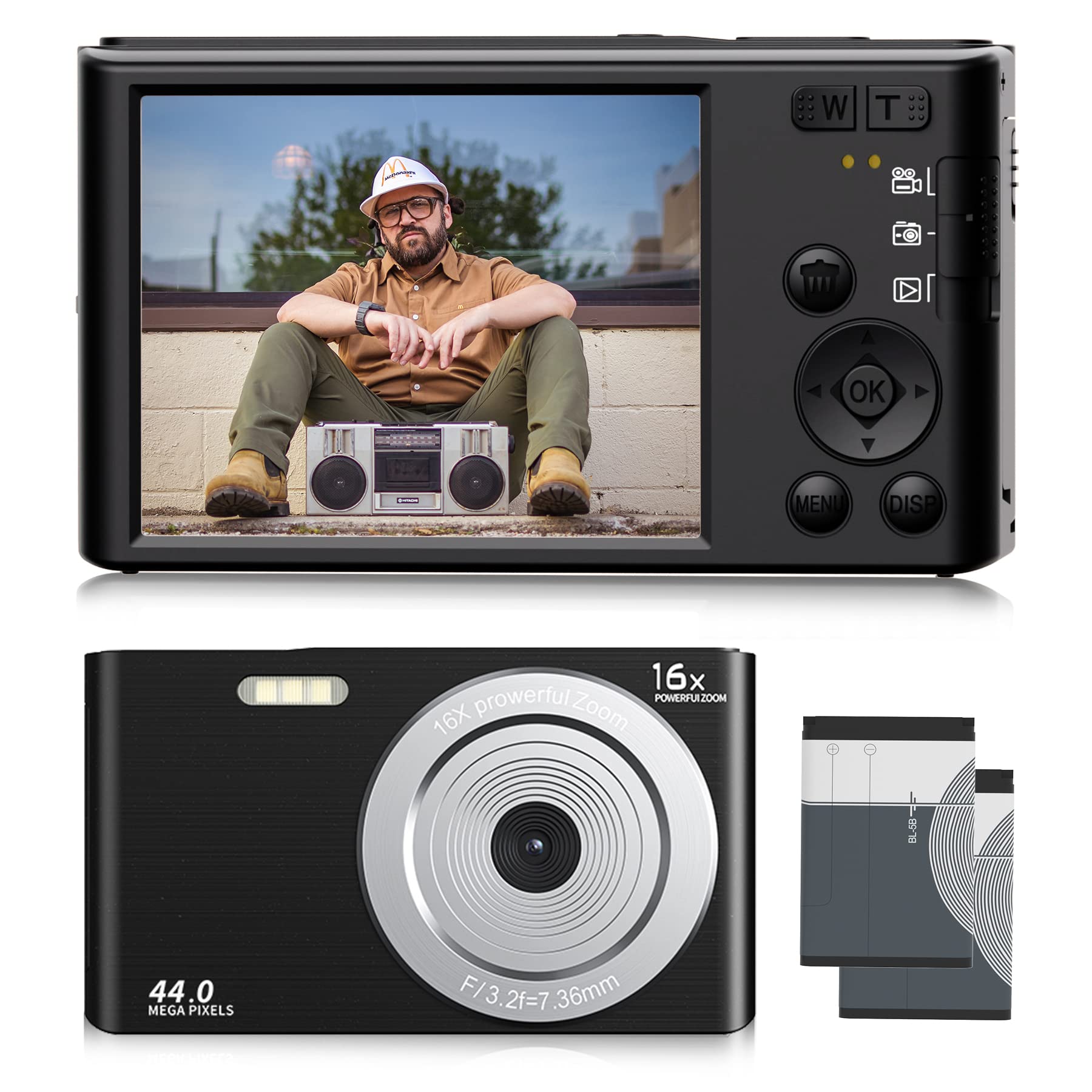 Digital Camera, Kids Camera with 32GB Card FHD 1080P 44MP Vlogging LCD Screen 16X Zoom Compact Portable Mini Rechargeable Gifts for Students Teens Adults Girls Boys