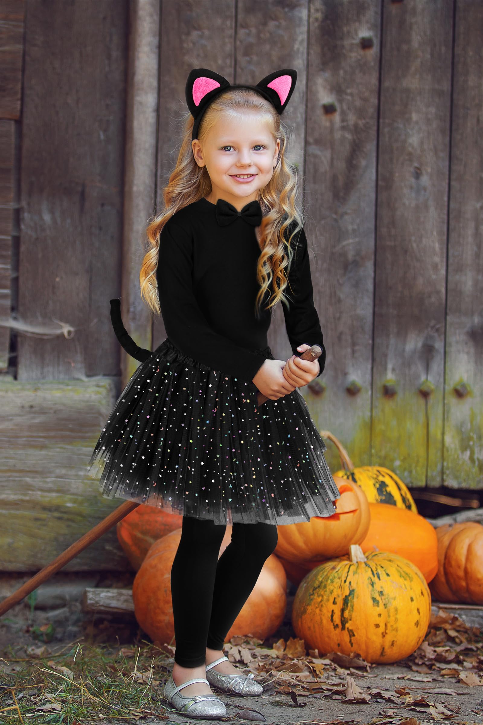 AOTHSO 6 Pieces Halloween Girls Black Cat Costume Set Long Sleeve Pants Headband Bowtie Tail Tutu Skirt Accessories for Kids
