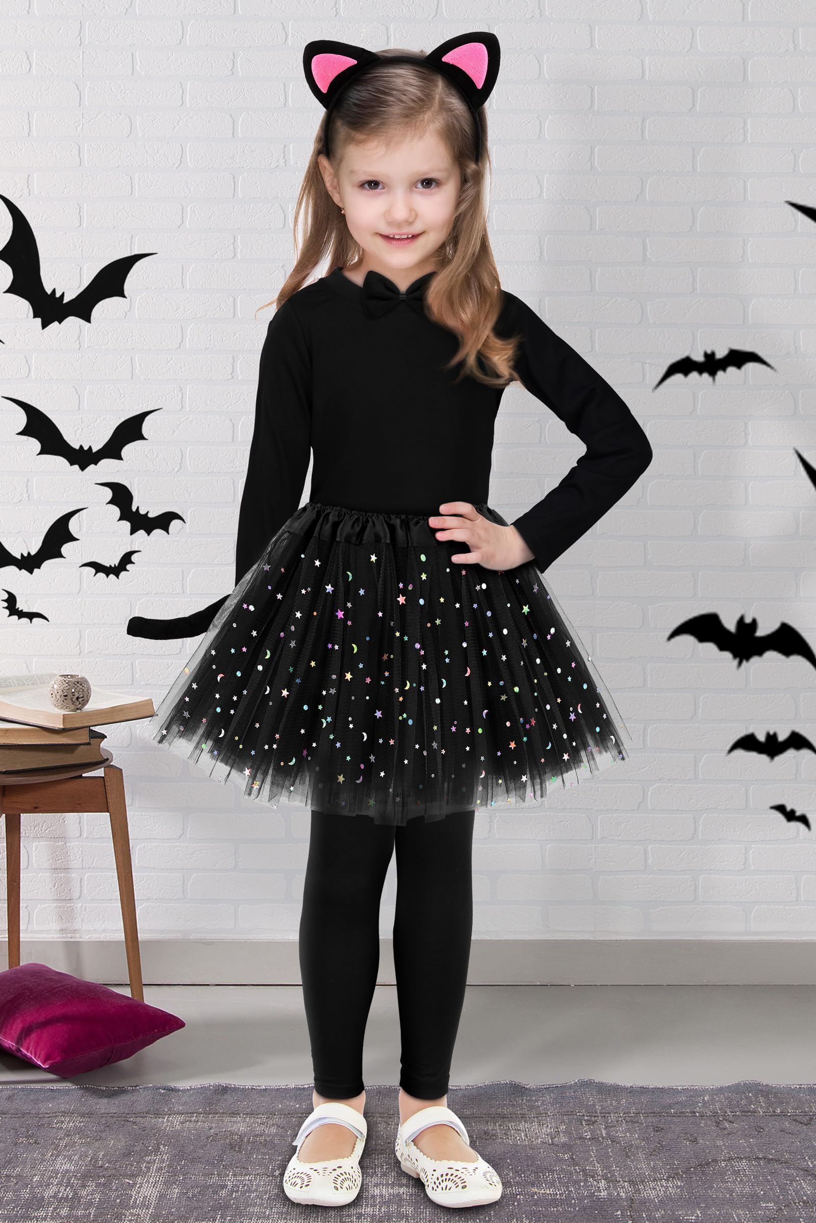 AOTHSO 6 Pieces Halloween Girls Black Cat Costume Set Long Sleeve Pants Headband Bowtie Tail Tutu Skirt Accessories for Kids