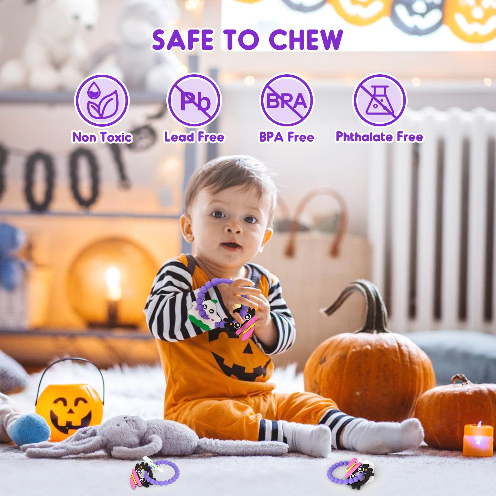 Halloween Cute Teething Ring, White Ghost & Pumpkin - Soft Silicone, Lovely Gifts 3-12 Months