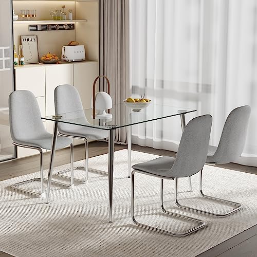 AZmac Glass Dining Table Set for 4,51" Dinner Table Set,5 PCS Dining Room Table Set with Soft Dining Chairs, Kitchen Table with Rectangle Tempered Glass and Silver Metal Legs