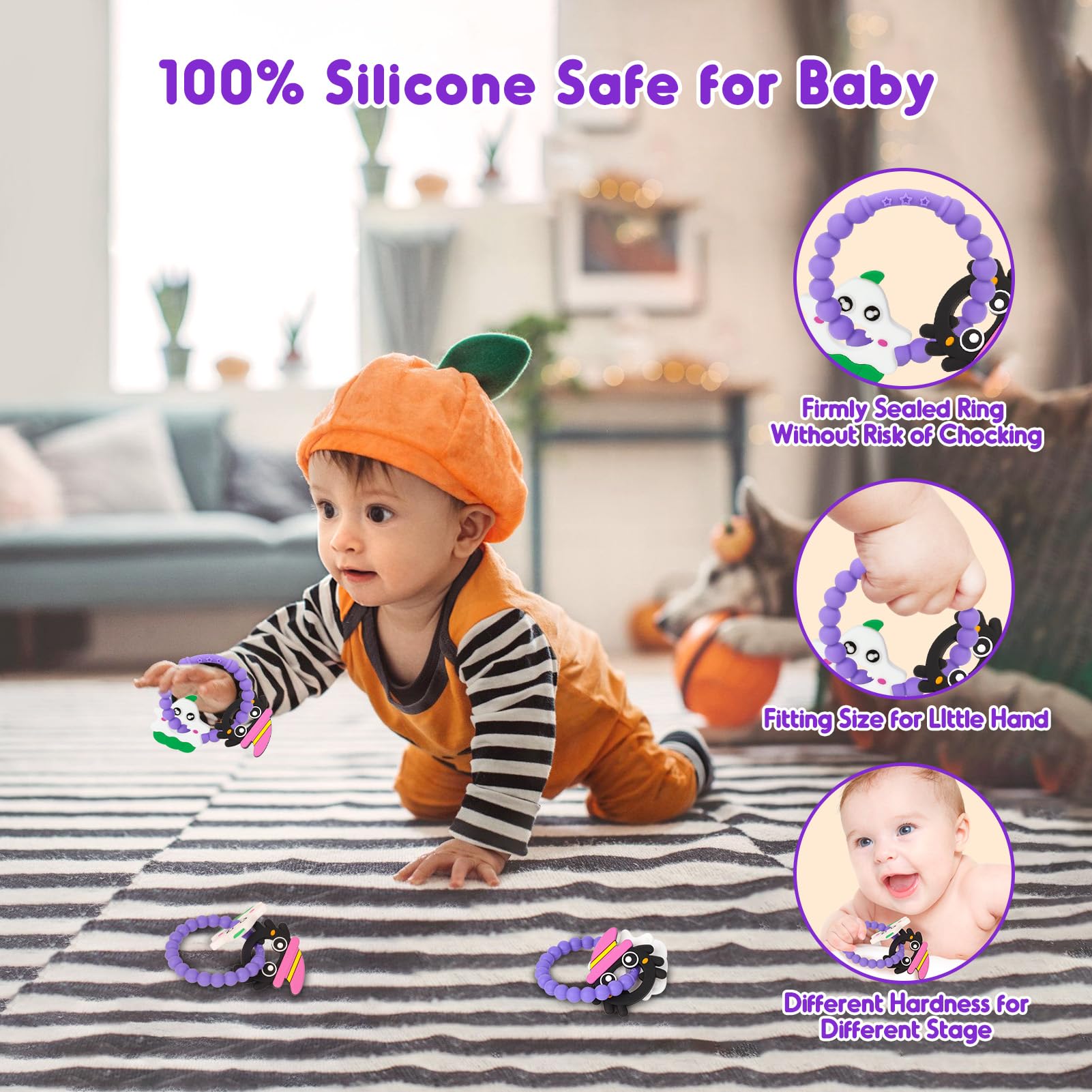 Halloween Cute Teething Ring, White Ghost & Pumpkin - Soft Silicone, Lovely Gifts 3-12 Months
