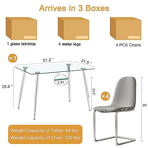 AZmac Glass Dining Table Set for 4,51" Dinner Table Set,5 PCS Dining Room Table Set with Soft Dining Chairs, Kitchen Table with Rectangle Tempered Glass and Silver Metal Legs