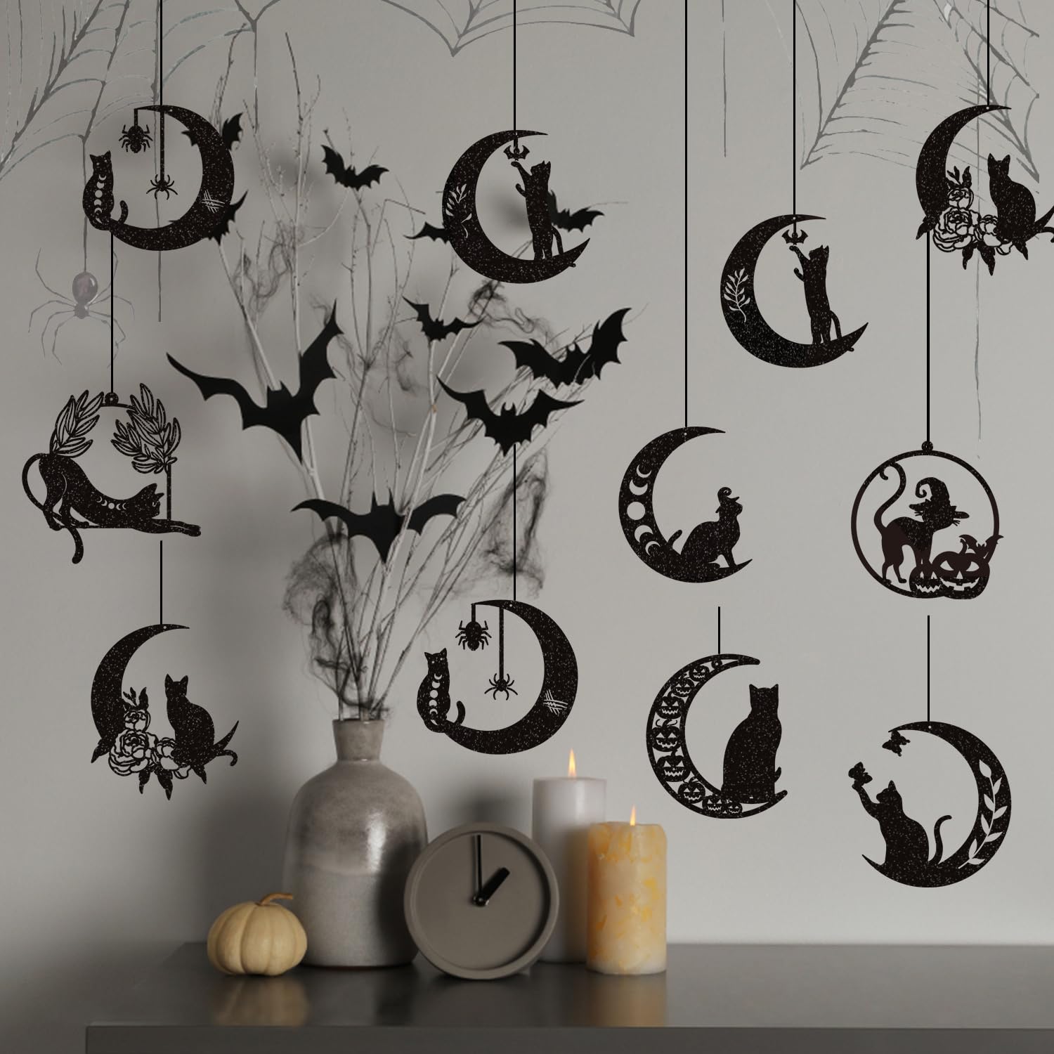 Cheerdecor Gothic Witch Halloween Decorations - 24PCS Black Halloween Party Decorations Witch Moon Cats Spider Halloween Baby Shower Birthday Party Wedding Decorations Chic House Indoor Hanging Decor