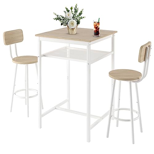 YOFE Bar Table Set for 2, Pub Table High Top Table,3 Pieces Pub Dining Table Set,Square Bar Table with Stools for Kitchen, Apartment, Small Space (White, Square)