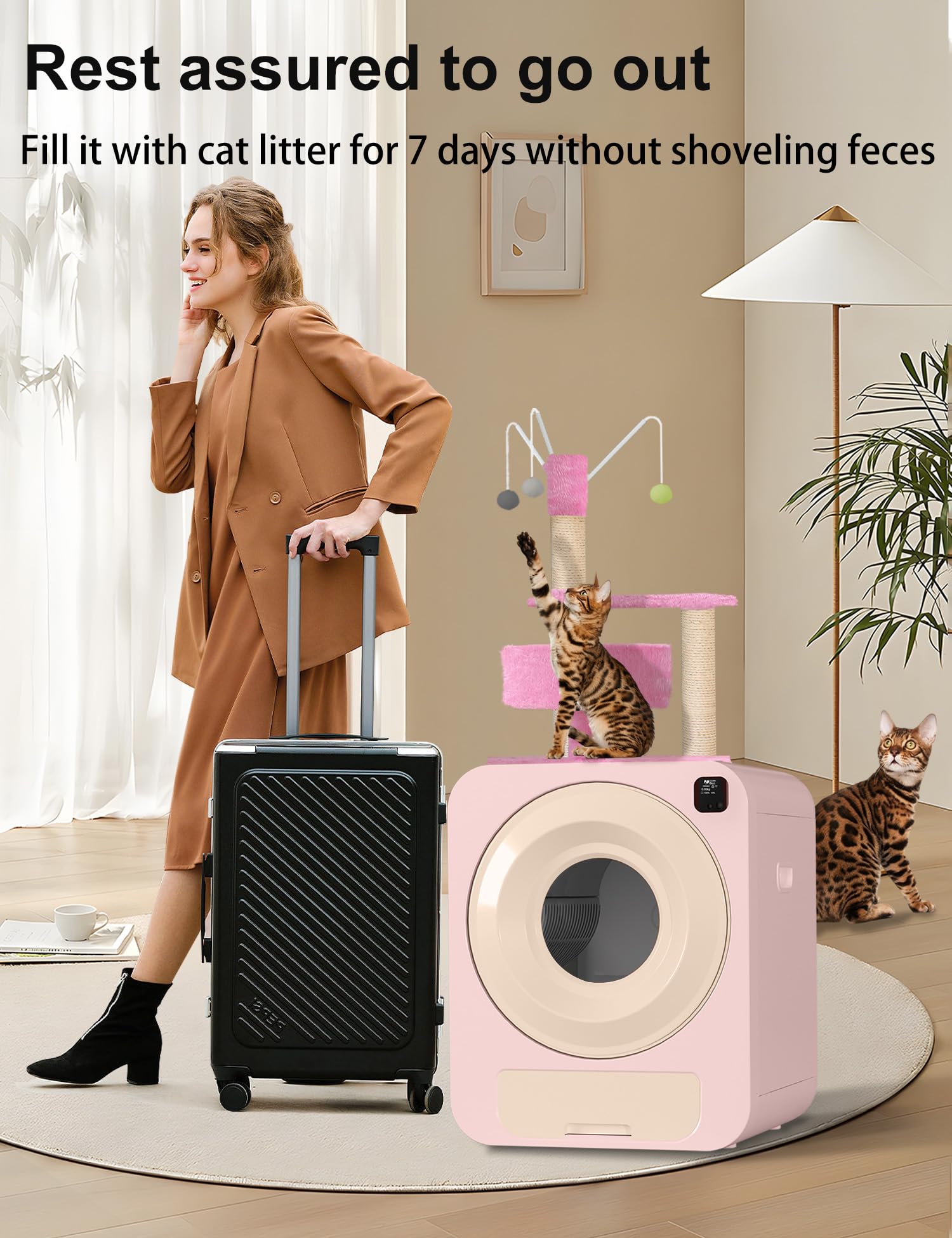 Self Cleaning Cat Litter Box with Cat Tree Scratching Post, Automatic Cat Litter Box for Multiple Cats with APP Control Odor Removal Integrated Safety Protection Smart Robort Pink