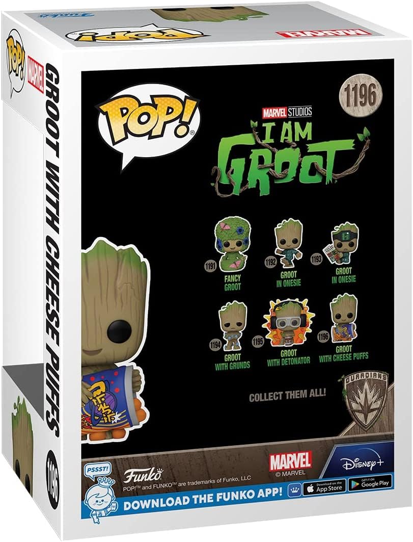 POP Marvel: I Am Groot - Groot with Cheese Puffs Funko Vinyl Figure (Bundled with Compatible Box Protector Case), Multicolored, 3.75 inches