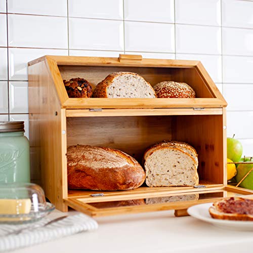 Laura's Green Kitchen Bamboo Bread Box for Kitchen Counter - Double Layer Bread Storage with Clear Windows - Rustic Farmhouse Style Bread Bin (Self-Assembly)