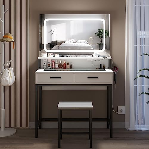 Fameill White Vanity Desk with Lights,Glass Top Makeup Vanity Table with Power Strip,Large Mirror Dressing Table Set with 2 Drawers and Hair Dryer Stand,35.4in(L)