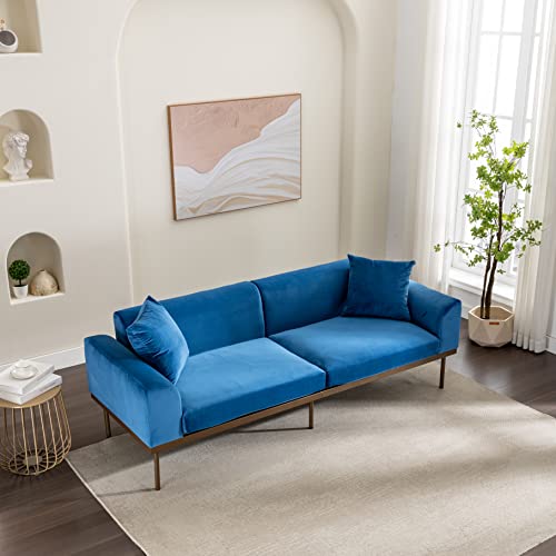 Lifeand Modern Velvet Sofa with Metal Legs,Loveseat Sofa Couch with Two Pillows for Living Room and Bedroom,Blue